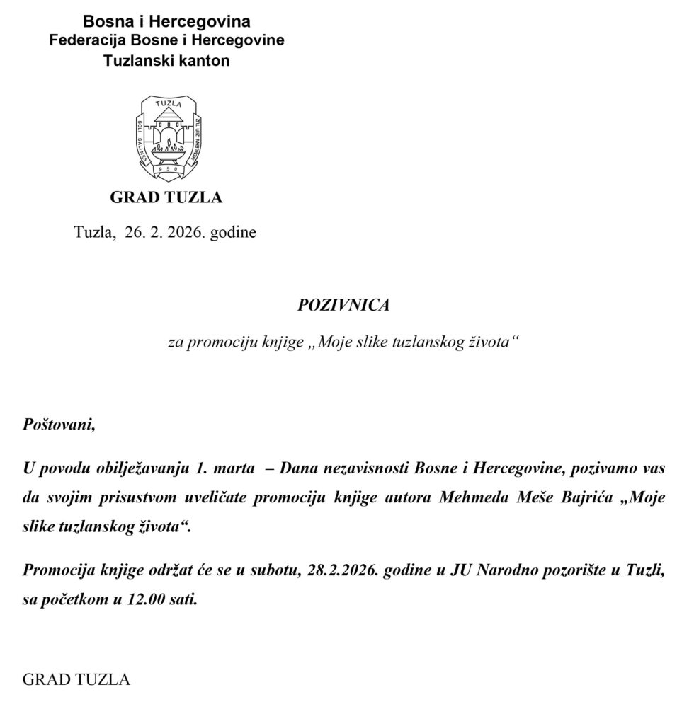 Pozivnica za promociju knjige „Moje slike tuzlanskog života“ - Grad Tuzla